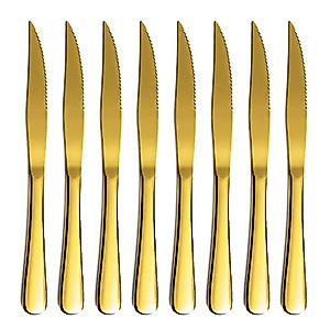 Gold Steak Knife Set, Kyrtaon Golden Serrated Knife, Titanium Gold Plating Stainless Steel Sharp Knives Set, Dinner Knifes Set of 8, Dishwasher Safe Sturdy And Easy To Clean