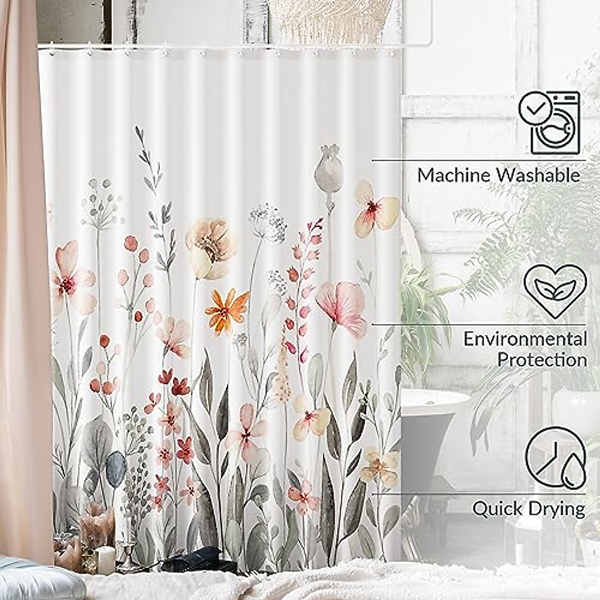 KIBAGA Beautiful Floral Shower Curtain for Your Bathroom - A Stylish 72" x 72" Curtain That Fits Perfect to Every Bath Decor - Ideal to Brighten Up Your Cute Botanical Bathroom at Home with Plants