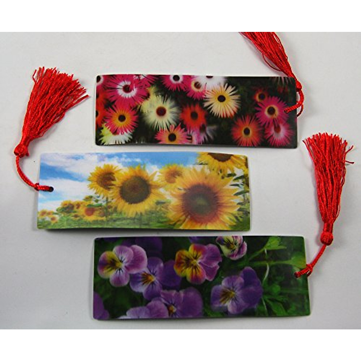 3 Bookmarks - 3D Lenticular - Colorful Flowers with Red Tassle