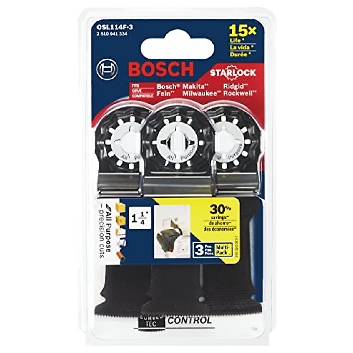 BOSCH OSL114F-3 3-Pack 1-1/4 In. Starlock Oscillating Multi Tool All Purpose Bi-Metal Plunge Cut Blades for Applications in Wood, Wood with Nails, Drywall, PVC, Metal (Nails and Staples)