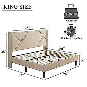 iPormis King Size Bed Frame with Geometric Wingback, Upholstered Platform Bed Frame with Headboard, Solid Wood Slats, 8" Storage Space, No Box Spring Needed, Easy Assembly, Beige