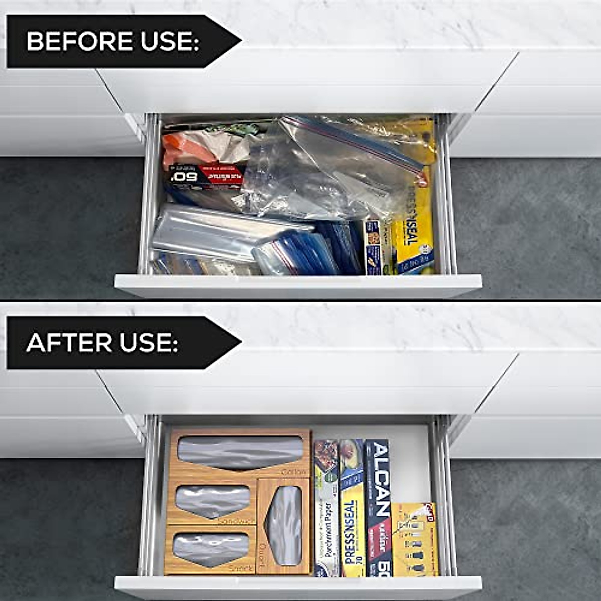 Homelie | Premium Bamboo Ziplock Bag Organizer & Extra Tray - 4 Sizes Bamboo Baggie Storage Organizer for Best Home Kitchen Organization, Drawer and Pantry Sandwich Plastic Bags Containers Organizers