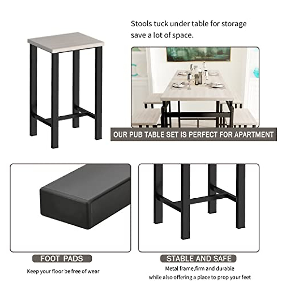Dining Table Set for 4, 5 Pieces Kitchen Table and Chairs for Small Spaces, Bar Table and Chairs Set, Person Counter Height Table Set with 4 Chairs for Pub Restaurant Dinner Breakfast(Oak)