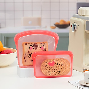 LILY & EDITH Dinosaur Silicone Reusable Snack Bags Dishwasher Microwave Freezer Safe, BPA Free, Leakproof Reusable Food Storage Bags, Plastic Free Snack Pouch, Accessory bag, Portable 400ml (Pink)