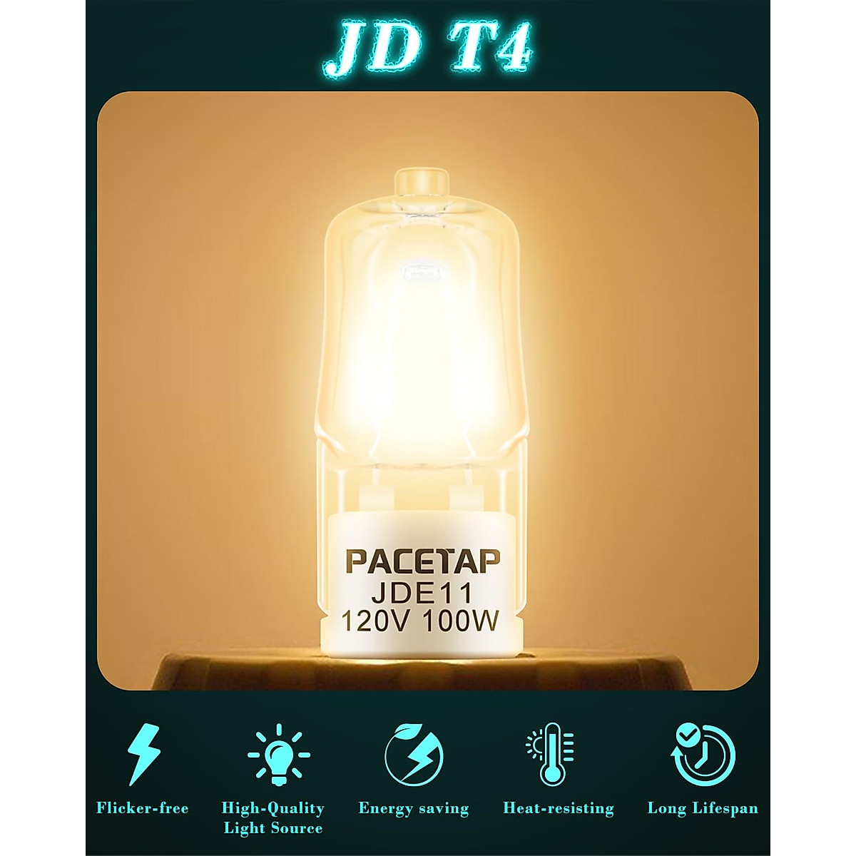 PACETAP 100W JDE11 120V Halogen Light Bulbs, 1200lm 2800K Warm White Dimmable Bulbs with E11 Mini Candelabra Base for Chandeliers, Ceiling Fan, Table Lamps, Cabinet Lighting (4)