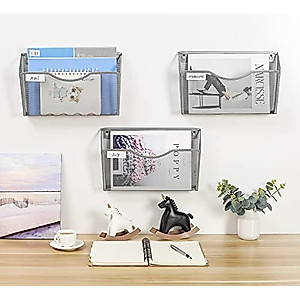 EasyPAG Mesh Wall File Holder 3 Pockets Hanging File Folder Organizer for Home and Office with Nametag Label, Silver