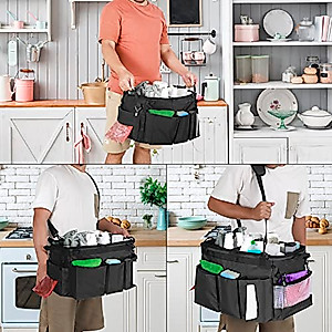 Large Wearable Cleaning Caddy Bag for Cleaning Supplies with 4 Foldable Dividers，Cleaning Caddy Organizer with Handle，Cleaning Bags for Housekeepers with Shoulder and Waist Straps