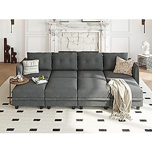 LLappuil Modular Sofa Sectional Sleeper Couch with Reversible Chaise, Oversized 8 Seater Storage Sectionals with Ottoman, Black