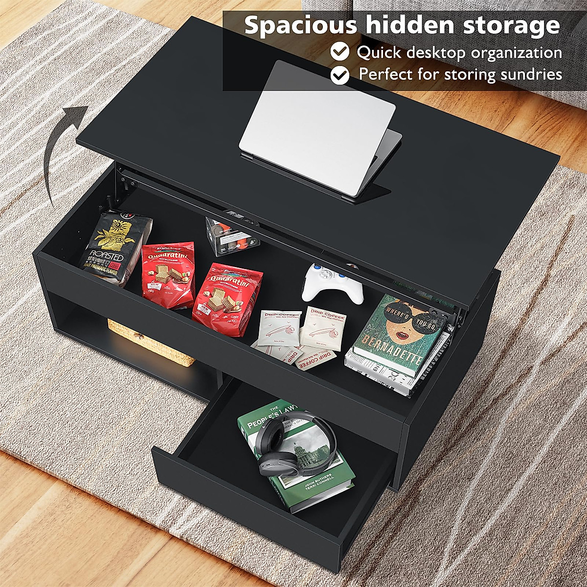 HOMMPA 40" Lift Top Coffee Table with Storage LED Coffee Table Morden High Gloss Living Room 3 Tiers Modern Tea Table with Storage Center Tables Hidden Compartment & Open Shelve & Drawer Black