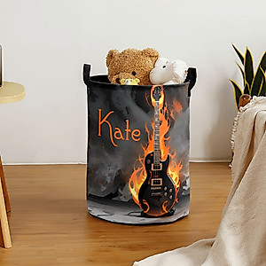 Personalized Laundry Basket Burning Guitar Custom Laundry Hamper Collapsible Clothe Storage Baskets with Knitting Handle