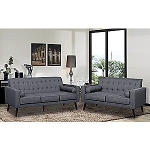 Container Furniture Direct S5300-L Valadez Linen Upholstered Tufted Mid-Century Modern Loveseat with Bolsters, Dark Grey
