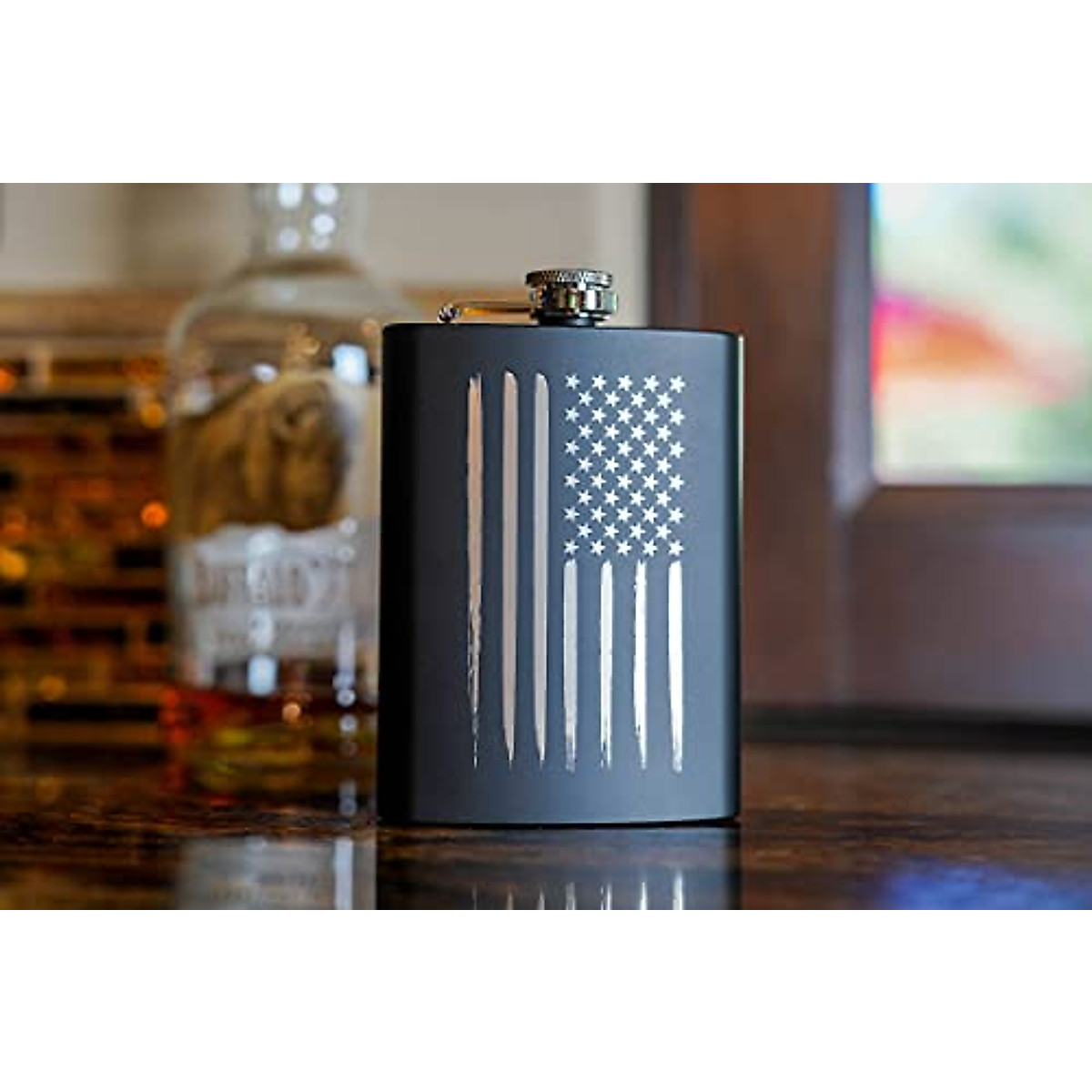 American Flag 8 oz Flask | Stainless Steel Hip Flask for Liquor – Matte Black, Great Gift Idea for Veterans
