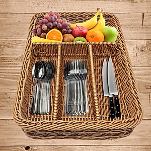 KOVOT Poly-Wicker Divided Basket Tray For Storage, Food or Cutlery, Drawer Insert Compartment Organizer Woven Polypropylene - 14"L x 10"D x 2"H