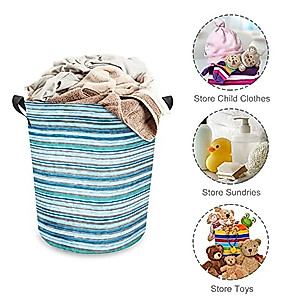 Collapsible Laundry Baskets Ocean Dye Wave Strips Waterproof Laundry Hamper with Handles Teal Blue Round for Dirty Clothes，Kids Toys,Bedroom,Bathroom