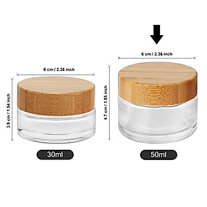 1.7 OZ/50 ML Clear Round Glass Jars with Bamboo Wood lids and Inner Liners, Travel Glass Jars, Refillable Cosmetic Containers for Lip Balm, Ointments, Lotion, Makeup, Eyeshadow, Slime, Paint and