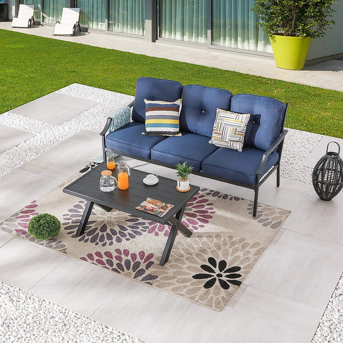 LOKATSE HOME Outdoor Patio Cushioned Loveseat 3 Seats Sofa Bench with Metal Coffee Table, Blue