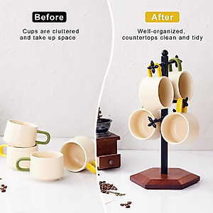 Coffee Mug Holder, Wooden Base Mug Tree for Counter, Unbreakable Metal Coffee Cup Holder with 6 Hooks, Non-Slip Coffee Mug Rack for Home Storage and Organizer, Coffee Mug Rack (Black)