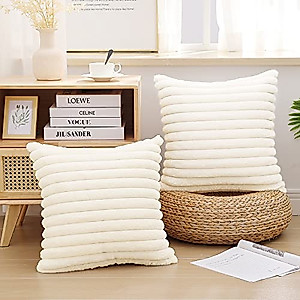 Pallene Faux Fur Plush Throw Pillow Covers 18x18 Set of 2 - Luxury Soft Fluffy Striped Decorative Pillow Covers for Sofa, Couch, Living Room - Cream White