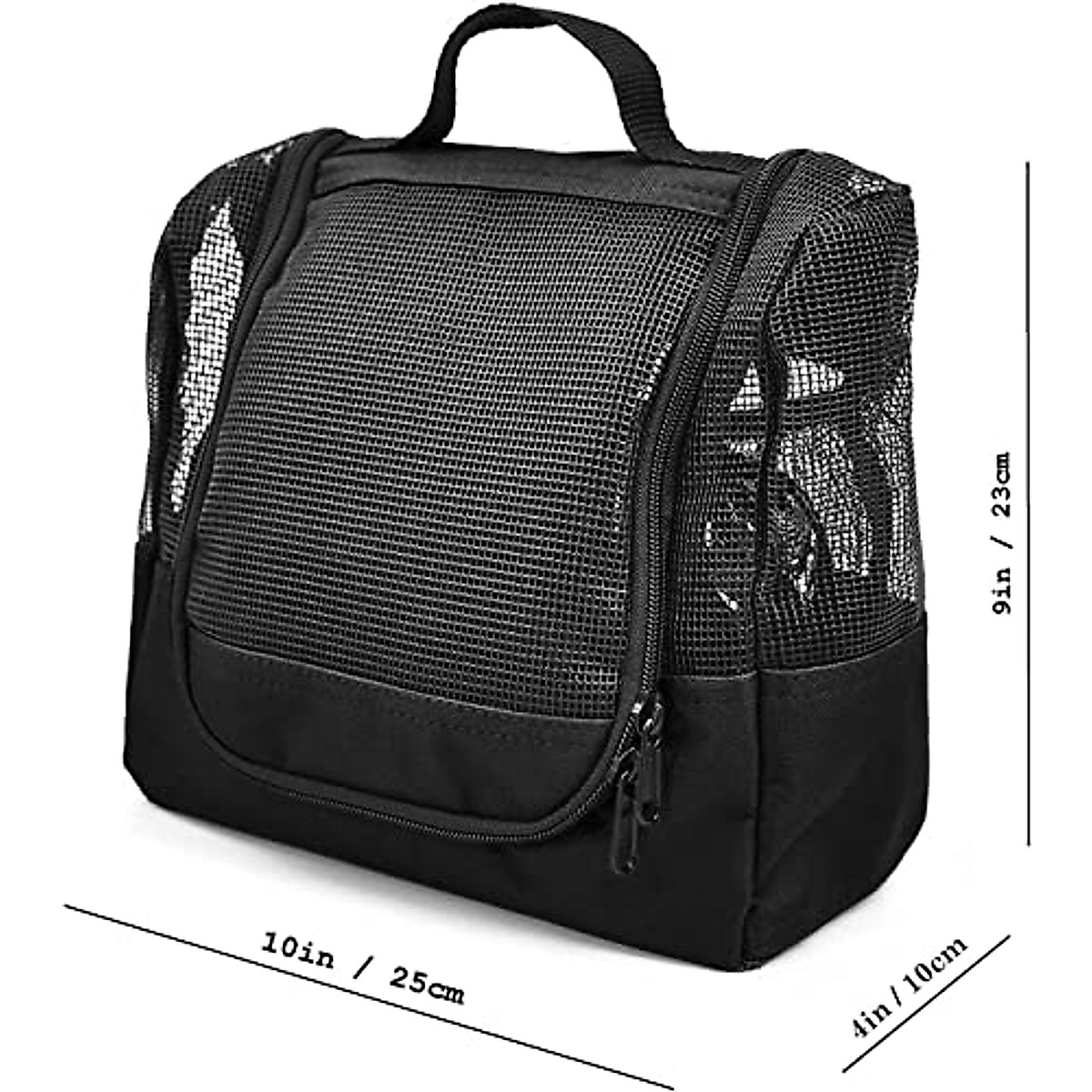 The Fine Living Co. Portable Hanging Shower Caddy Organizer Bag (Free Toiletries Case+Metal Hook) Quick Dry Mesh Shower Caddy Tote Bag Pouch For Bathroom College Dorm Camp Gym Camping 10”x4”x9”(Black)