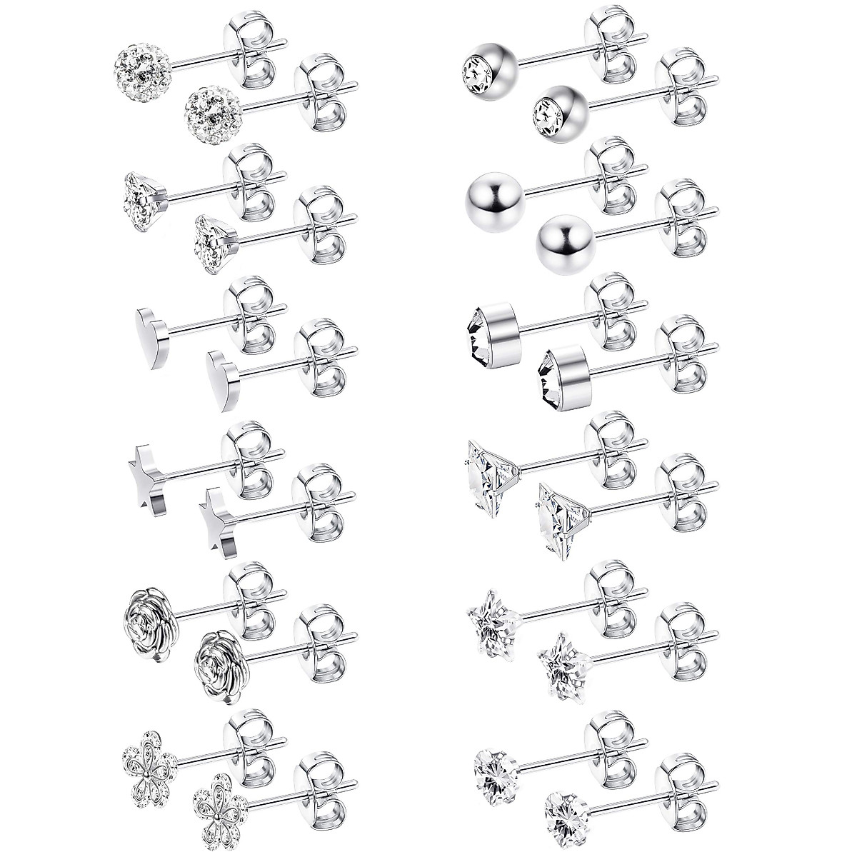 LOYALLOOK 12 Pairs Earrings for Women Studs Set Dainty Surgical Steel Earrings Tiny CZ Flower Heart Star Ball Silver Stud Earrings for Women