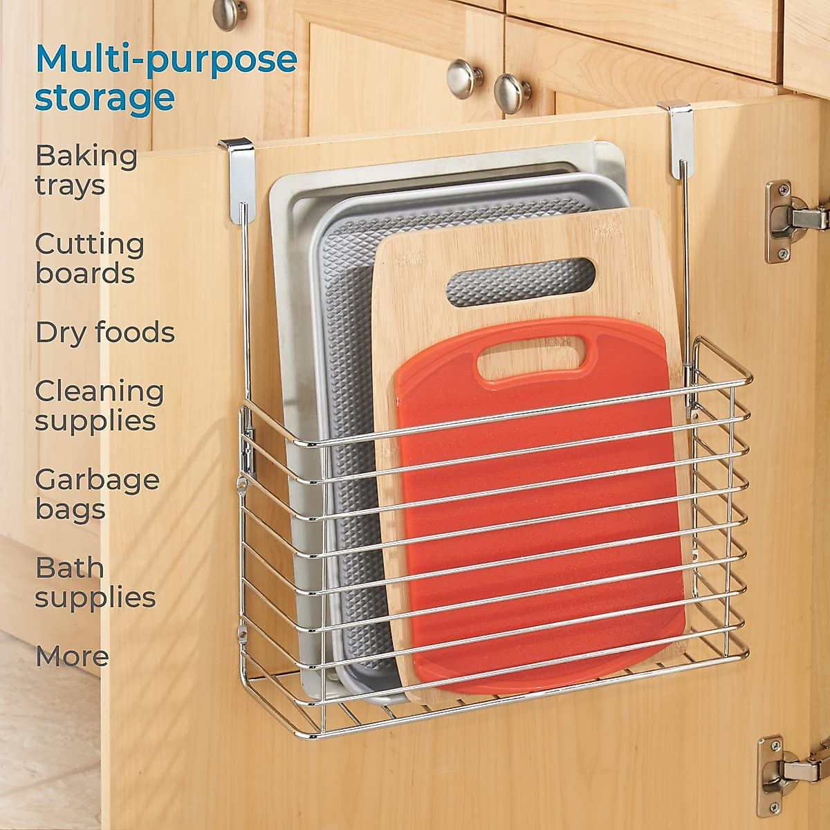 iDesign Classico Metal Over the Cabinet Kitchen Bakeware Organizer Basket for Cutting Boards, Baking Sheets, Pans, 13.73" x 5.18" x 14.2" - Chrome