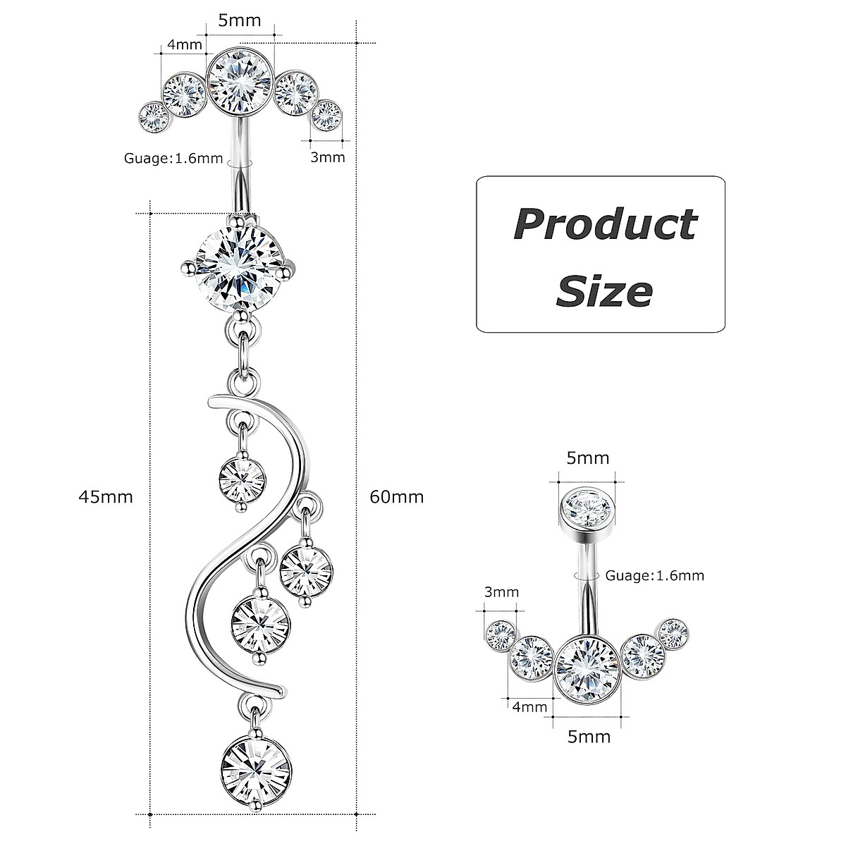 FIASASO Crystal Belly Button Ring for Women Unique 14G 316L Stainless Steel Dangle Belly Rings Belly Piercing Jewelry Navel Barbell Bling Crystals Body Jewelry long dangle