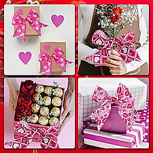 Kuscul 25 Yards Valentine Wired Edge Ribbons, 2 1/2 Inch Rose Pink Style Lips Love Heart Cupid Pattern Buffalo Plaid Ribbons for Valentine's Day Anniversary DIY Craft Wedding Party Wreath Bow