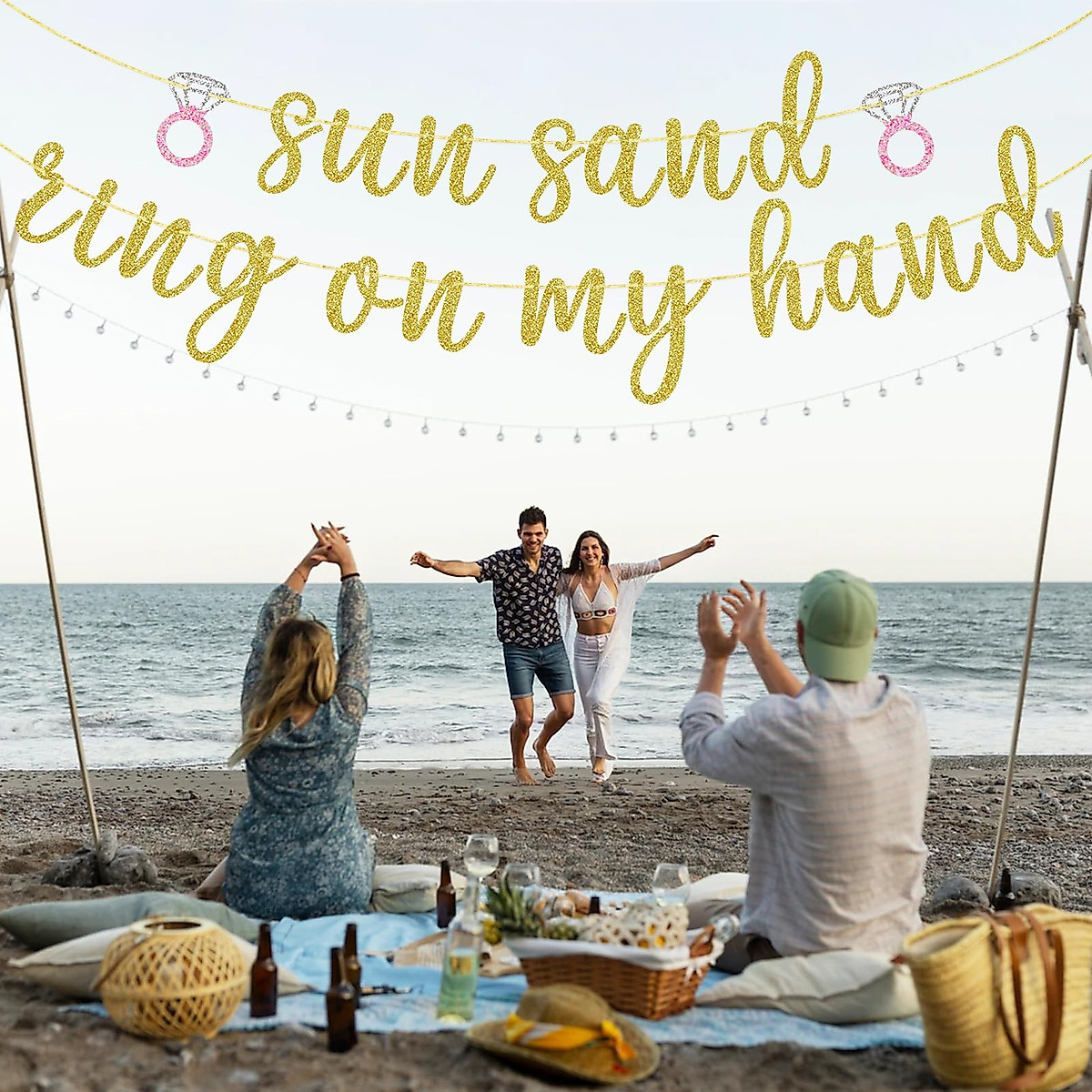 Sun Sand Ring On My Hand, Beach Bachelorette Party Decorations, Engagement Wedding Bridal Shower Garland Bunting Supplies, Pre-Assembled (Gold)