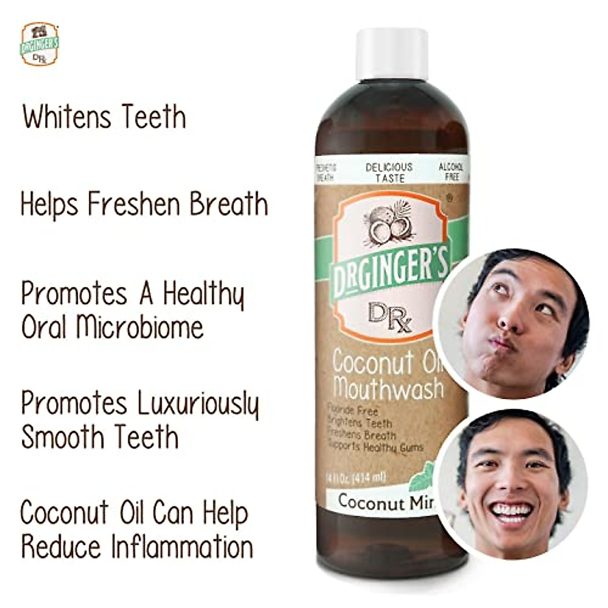 Dr. Ginger's Coconut Oil Pulling Mouthwash, All-Natural Oil Pulling & Xylitol to Target Bad Breath, Support Tongue and Gum Health and Brighten Teeth, Fluoride-Free, Coconut Mint Flavor, 14fl oz, 1ct