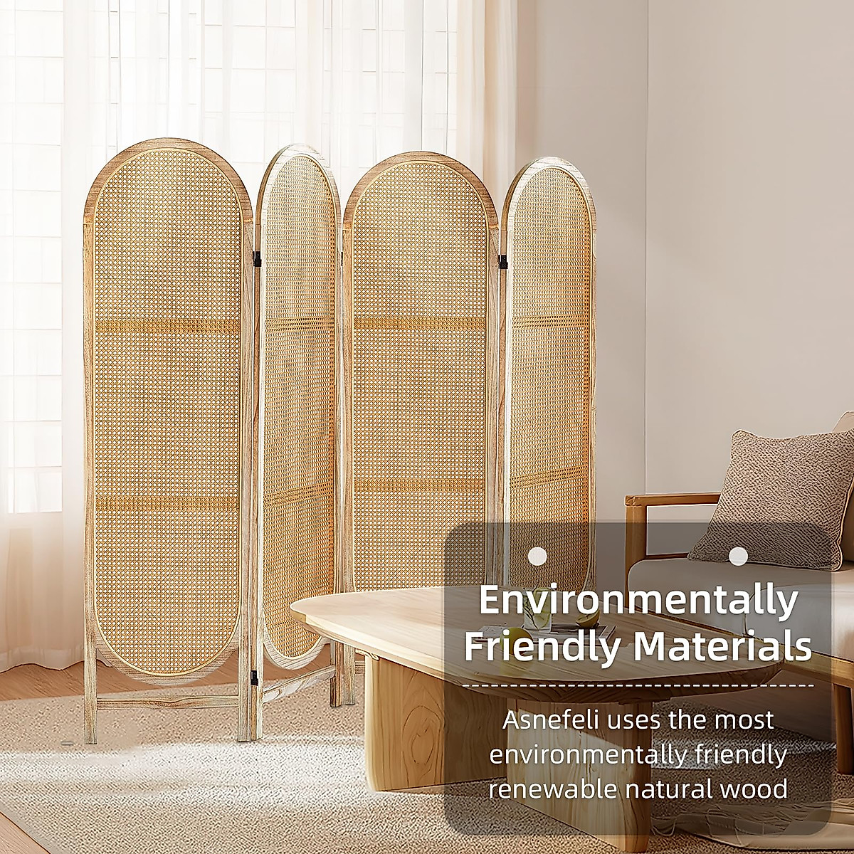 Asnefeli 4 Panels Room Dividers, Foldable Wooden Room Dividers, Individual Privacy Screens Made of Hand-Woven Rattan, Portable Wall Dividers for Home Office Bedroom Bathroom Dressing Room (Natural)
