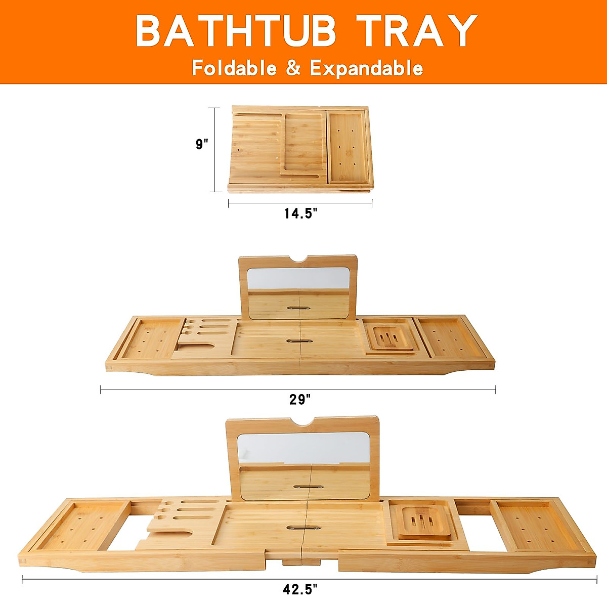 Bathtub Tray Table with Mirror and Bath Pillow, Expandable and Foldable Bamboo Bath Tray for Tub Soft and 4D Mesh Bathtub Pillow Luxury Bath Accessories Spa Gifts