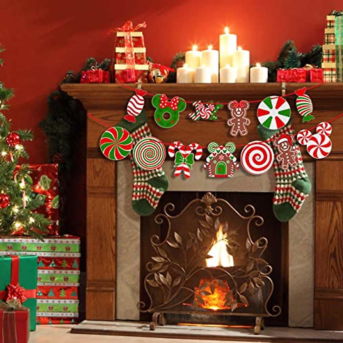 Christmas Tree Decorations,Christmas Lollipop Candy Cane Ornaments Paper Cards Hanging Mick-ey Mouse Gingerbread Christmas Decor for Peppermint Christmas Tree Decorations- Set of 26