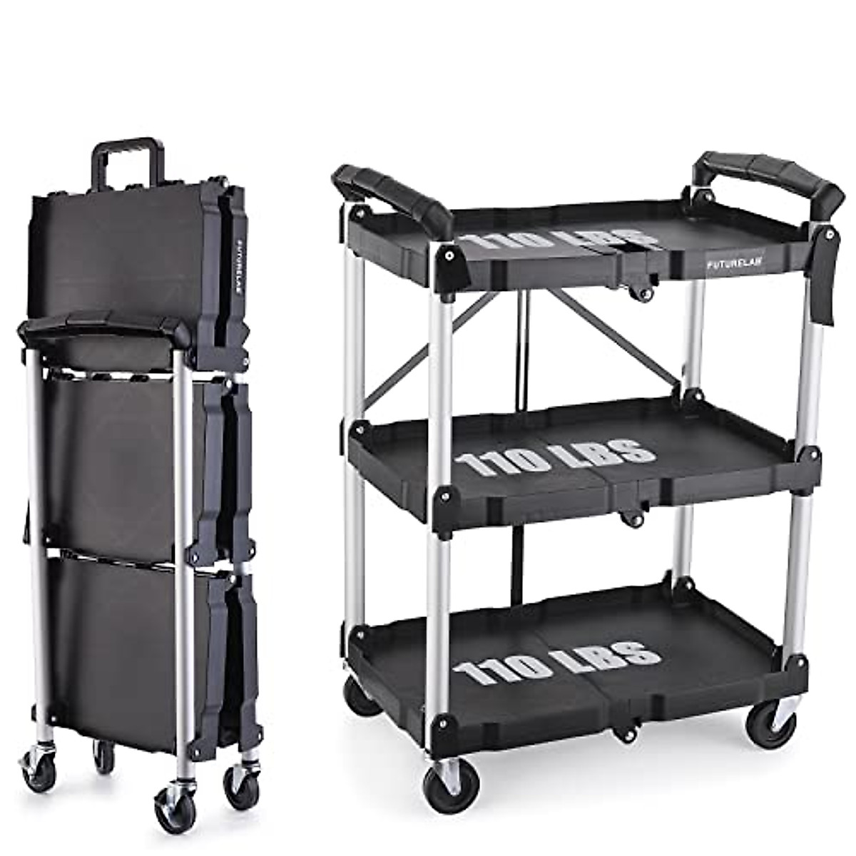 FUTURELAB Portable Folding Service Cart - 3 Tier 330LBS Capacity - Rolling Cart Utility Cart Foldable Cart with Wheels for Warehouse Home Workshops Garages Restaurants Offices