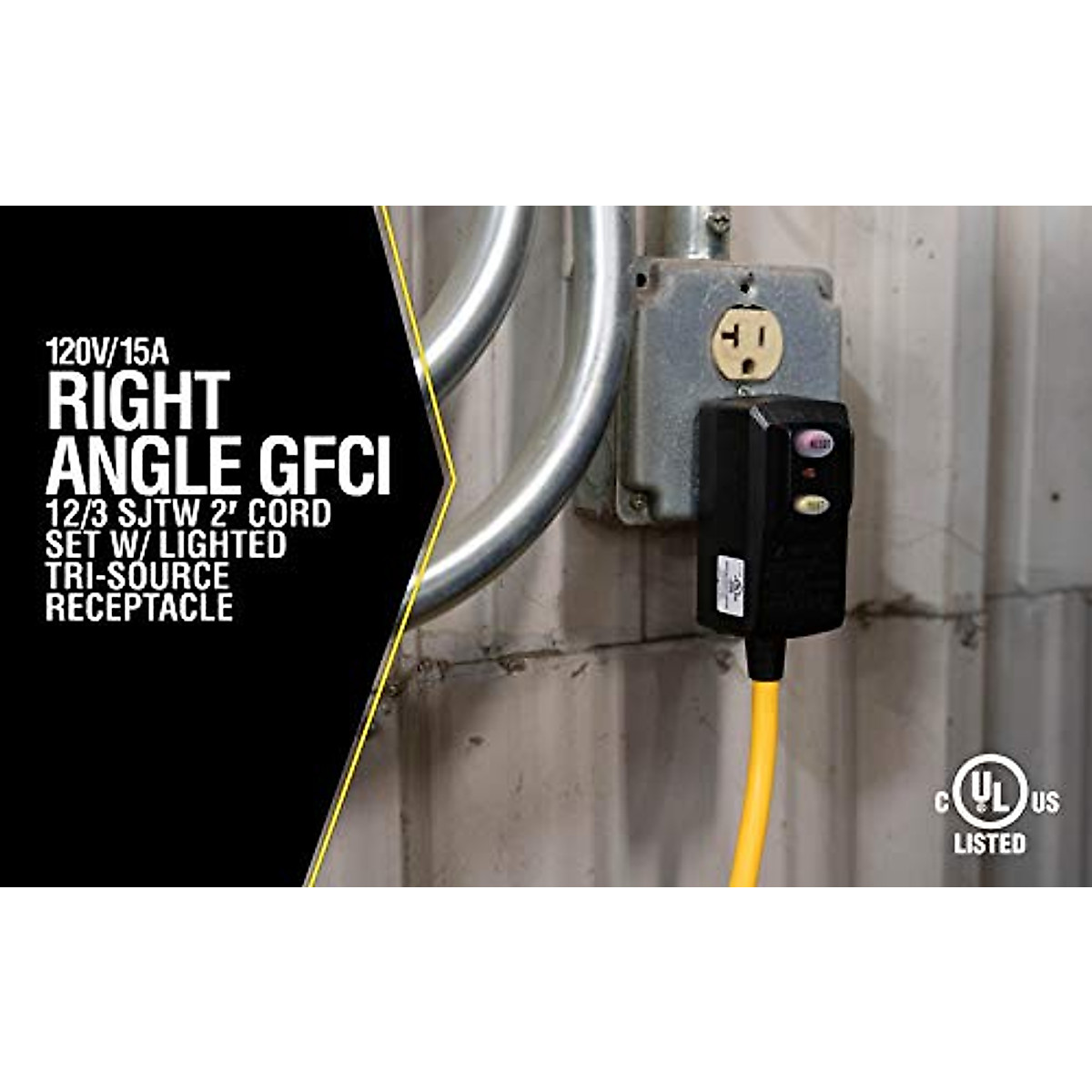 Woods 2814 Coleman Power Block with Gfci; 125 V; 15 A; 12/3 Awg Sjtw; 3-Outlet; Yellow