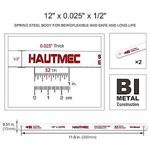 HAUTMEC 12" Hacksaw Blades Replacement Bi-Metal 32 TPI High Speed Steel Grounded Teeth, Safe-Flex Hand Hacksaw Blade 2 Pack HT0018-2PC