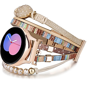 VISOOM Beaded Boho Bracelet for Samsung Galaxy Watch 5/6/4/3/Active2/Watch 6/4 Classic Bands Women, 20mm Leather Fashion Watch Bands for Watch 5 Pro Cute Multilayer Wrap Samsung Galaxy Watch Bands