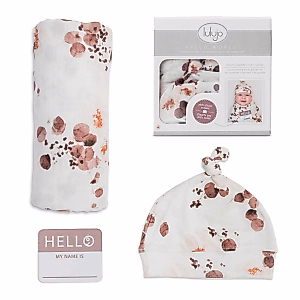 lulujo Birth Announcement Hat & Swaddle Blanket Set| Unisex Softest Bamboo Muslin Baby Swaddle Blanket| Neutral Receiving Blanket | 47in x 47in| Bamboo Knot Hat | Hello! Birth Announcement Sticker