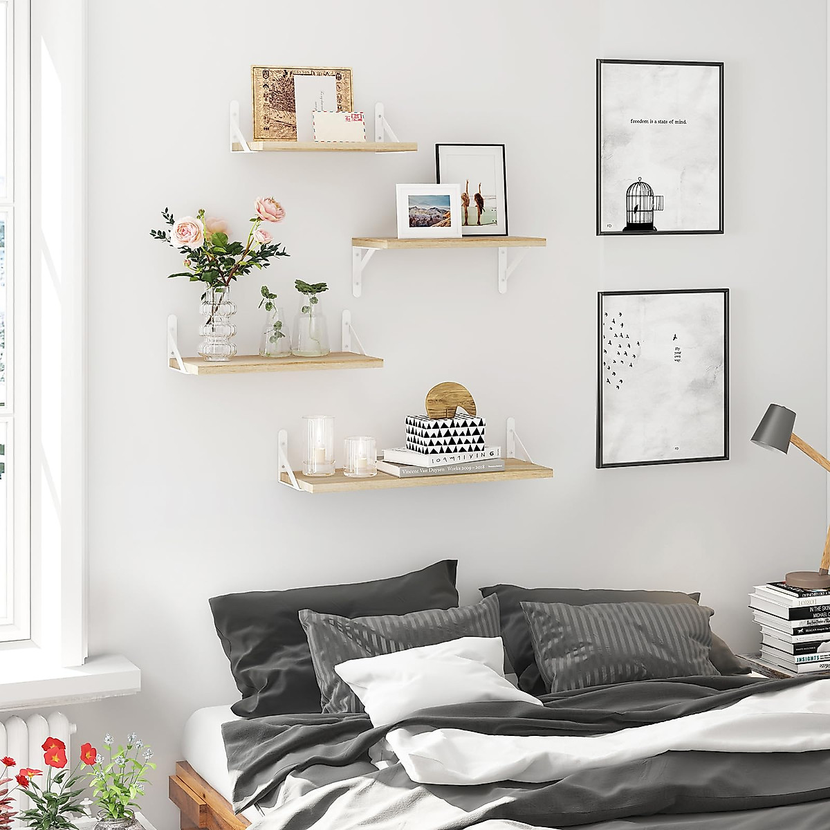 YGEOMER Floating Shelves for Wall, Natural Wood Wall Shelves Different Sizes, Wall Mounted Wood Shelf for Living Room, Bathroom, Bedroom, Kitchen, Home Decor (Set of 4)