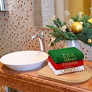 Shojoy 3 Pack Christmas Hand Towels 100% Cotton Large Size 25 x 14 Inch Christmas Theme Embroidery Towels for Christmas Home Bathroom Kitchen Decor (Red, Green, White)