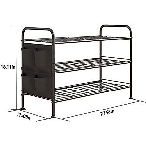 SORCEDAS Shoe Rack 3 Tier Black Wide Metal Storage Organizer Shelf with Removable Side Pockets for Closet, Entryway,Garage, Bedroom, Cloakroom (Black, 3 Tier)
