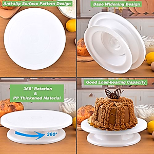 Suuker 11 Inch Rotating Cake Turntable,Professional Plastic Revolving Cake Stand with 3 Cake Scrapers for Pastries,Cupcakes and Cake Decorations,Baking Cake Decorating Kits Supplies(White)