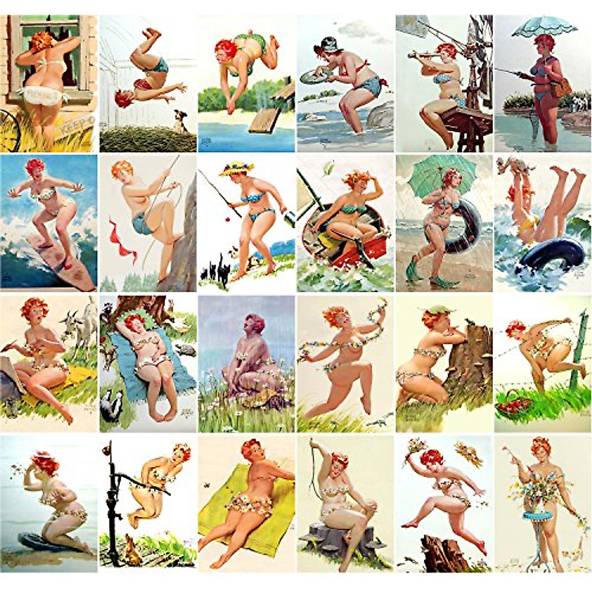 Pixiluv Pinup Postcard Pack 24pcs Chubby Sexy Girl Redhead Hilda Vintage Illustrations