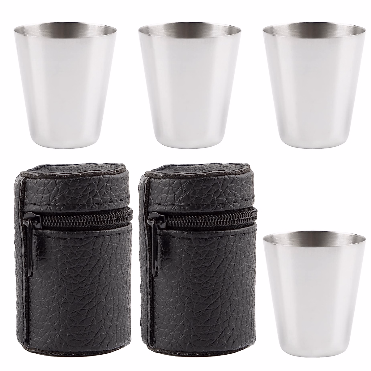 Framendino, 8 Pack Stainless Steel Shot Glass Espresso Shot Cups Barware Drinking Vessel with Black Leather Carrying Case for Home Outdoor(1 Ounce/30 ml)