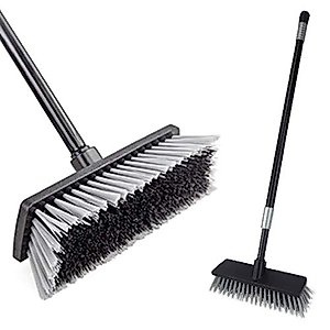 LandHope Hard Bristle Deck Broom Adjustable Long Handled Scrub Brush Heavy Duty Concrete Push Broom Outdoor Brush Garage Broom Wood Large Floor Scrubber 30-49 inch Balcony Broom