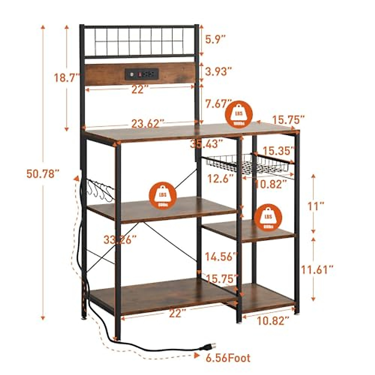 Leesingdo Kitchen Bakers Rack with Power Outlet, Microwave Stand, Coffee Bar Kitchen Storage Rack with Wire Basket, 6 Hooks, Kitchen Shelves for Spices, Pots, and Pans, Rustic Brown