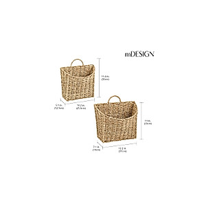 mDesign Woven Seagrass Hanging Wall Storage Basket for Flowers & Essentials, Decorative Boho Mounted Organizer for Pantry, Closet, Bathroom, and The Door - Set of 2 - Natural