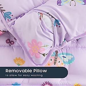 Wake In Cloud - Nap Mat with Removable Pillow for Kids Toddler Boys Girls Daycare Preschool Kindergarten Sleeping Bag, Butterfly and Flowers Printed on Purple,100% Soft Microfiber