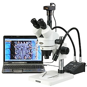 AmScope SM-1TSW2-L6W-10M Digital Professional Trinocular Stereo Zoom Microscope, WH10x and WH25x Eyepieces, 3.5X-225X Magnification, 0.7X-4.5X Zoom Objective, 6W Dual-Gooseneck LED Light, Pillar Stand, 85V-265V, Includes 0.5X and 2.0X Barlow Lenses, Inclu
