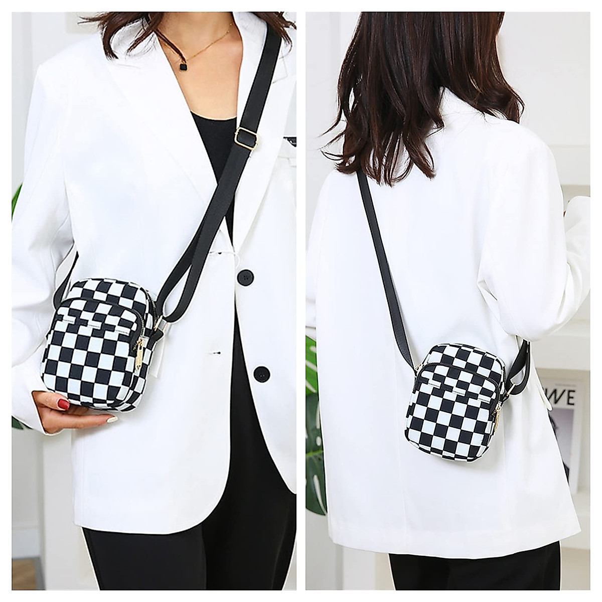 WYAQJLV Small Crossbody Cell Phone Purse for Women Girls Mini Messenger for Checkered Shoulder Bag Wallet (black and white plaid)