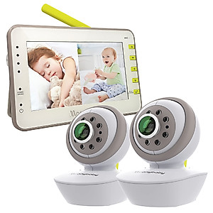 Moonybaby Split 55 Baby Monitor with 2 Cameras, Split Screen Video, No WiFi Pan Tilt Camera, Wide View Lens Included, 4.3 inches Large Monitor, Night Vision, Temperature, 2 Way Talk Back, Long Range